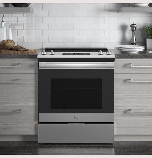 JS645SLSS GE 30" Slide-In Front Control Electric Range with Power Boil ...