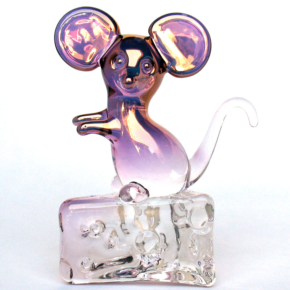 Hand Blown Glass Mouse and Crystal Cheese - Prochaska Gallery