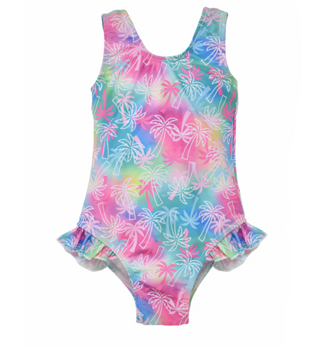 Flap Happy UPF 50+ Delaney Hip ruffle Swimsuit - Pink Tropical Palms