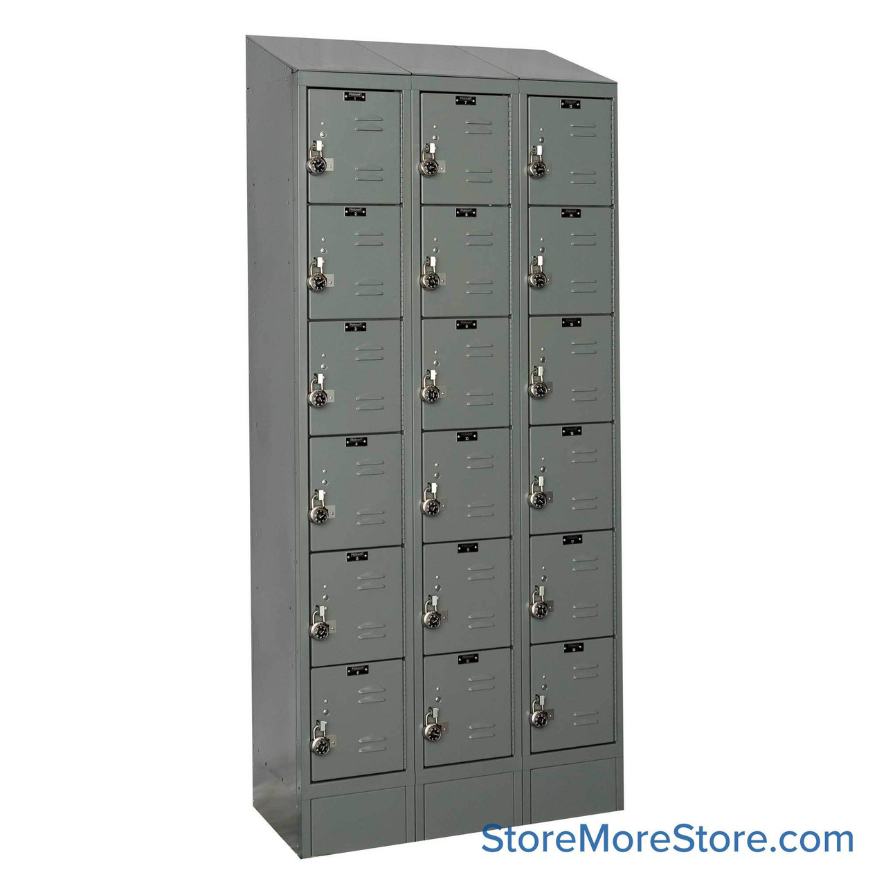 Metal Locker, 36'' W x 18'' D x 78'' H, 3 Columns, 6 Tiers, Sloped Top ...