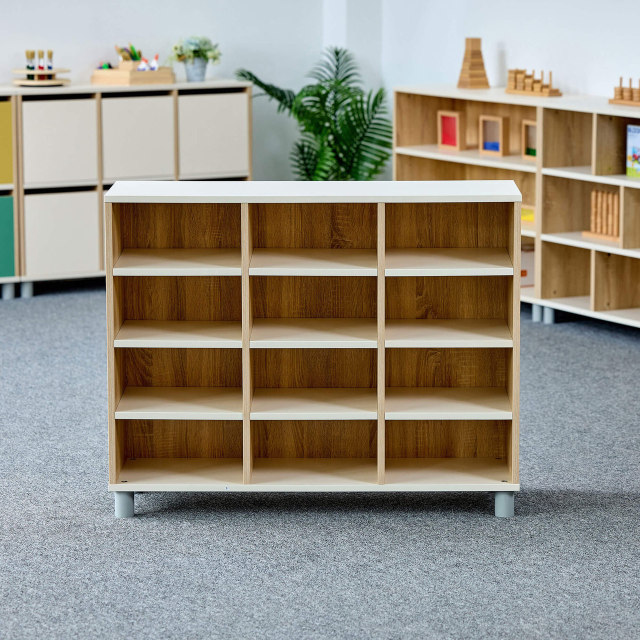 Three Column Classroom Shelf with Layered Storage, Cubbies, 12 Compartments