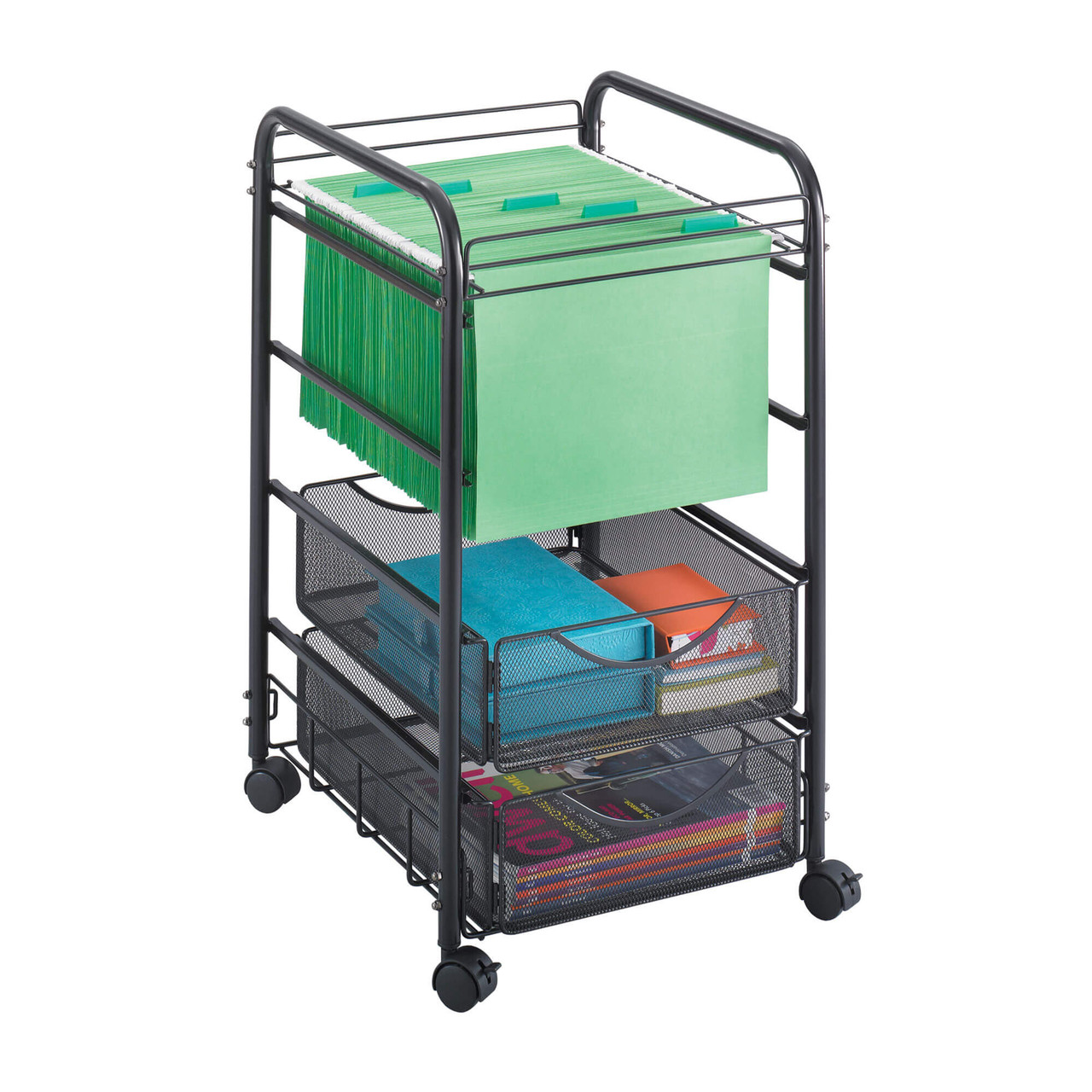 Rolling Mesh File Cart with Open File Storage and Two Drawers