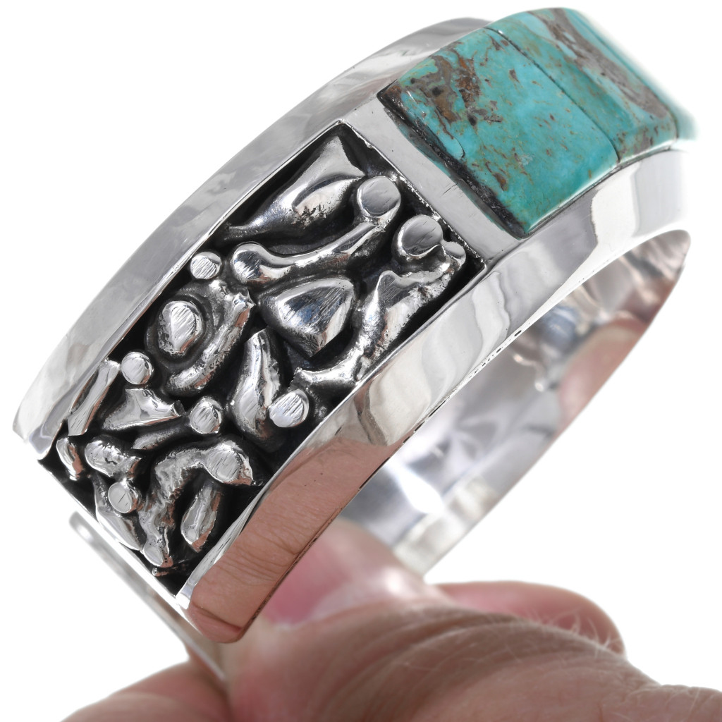 Navajo Inlaid Turquoise Mens Silver Cuff Heavy Gauge Sterling 17964