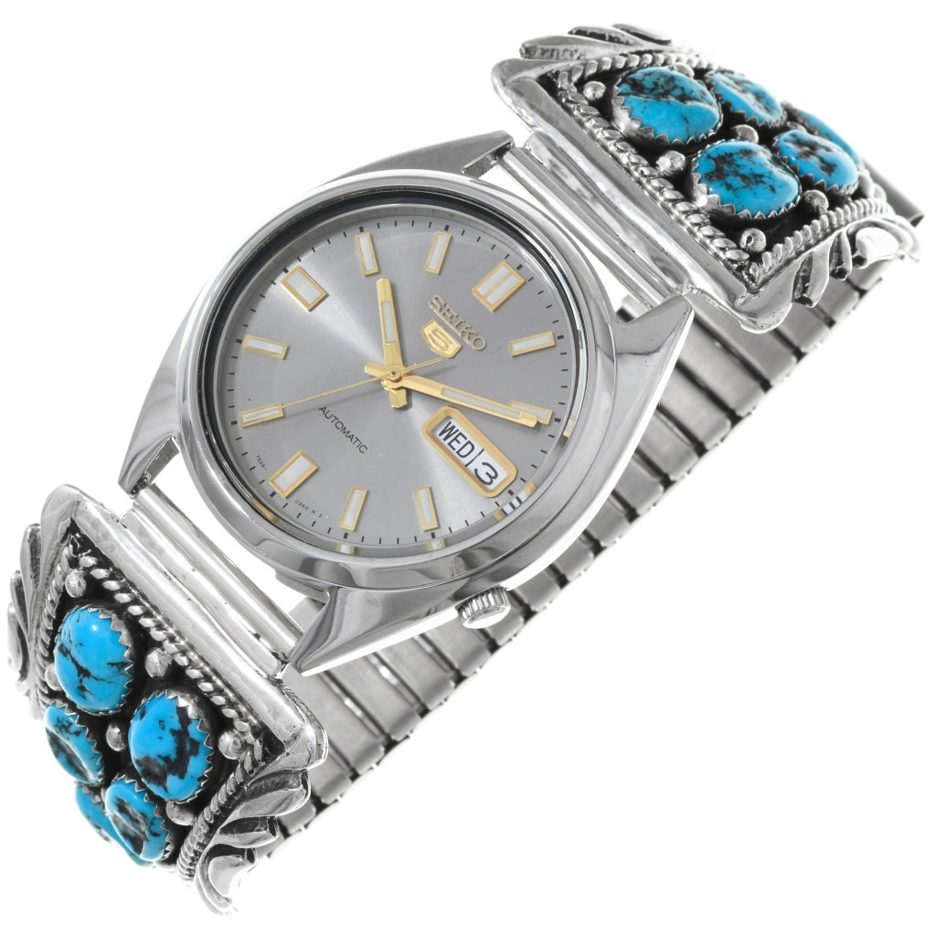 Handsome Natural Kingman Turquoise Navajo Mens Watch Sterling 26794