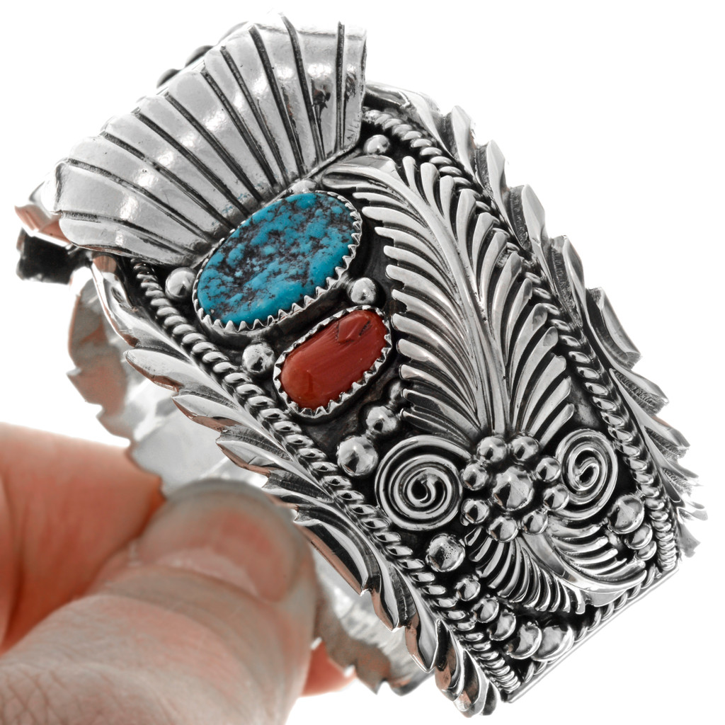 Navajo Turquoise Coral Mens Silver Watch Cuff Sterling Big Boy 13279