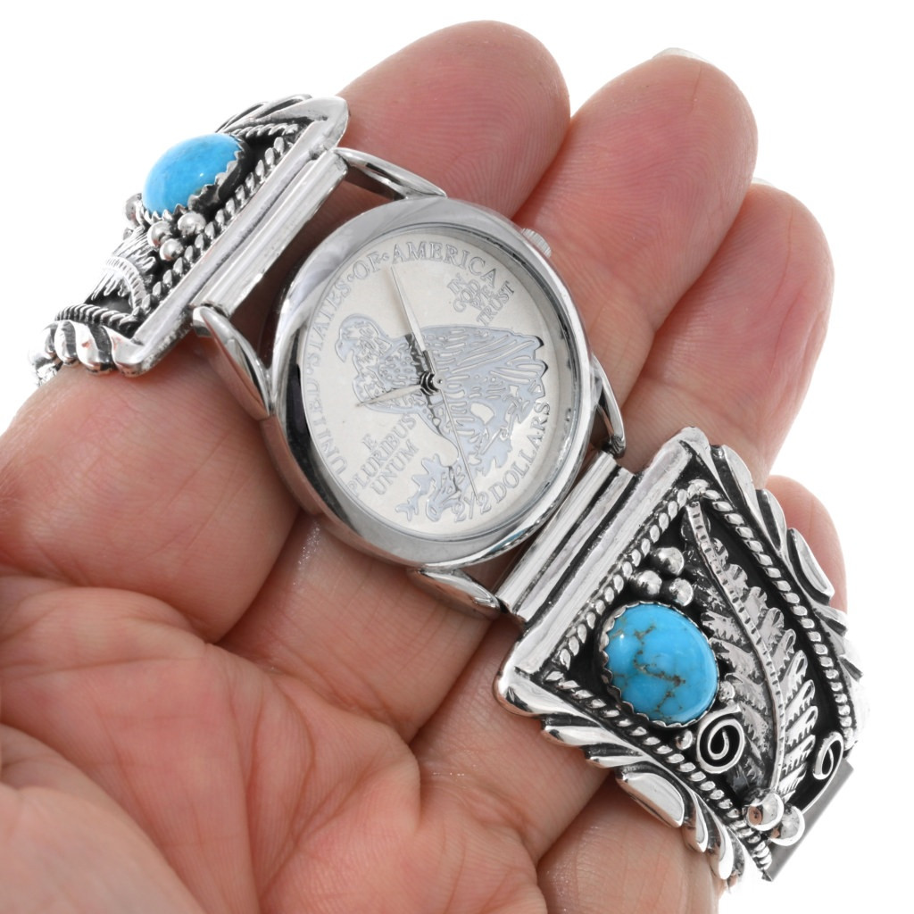 Navajo Turquoise Silver Mens Watch Sterling Leaf Pattern 23032