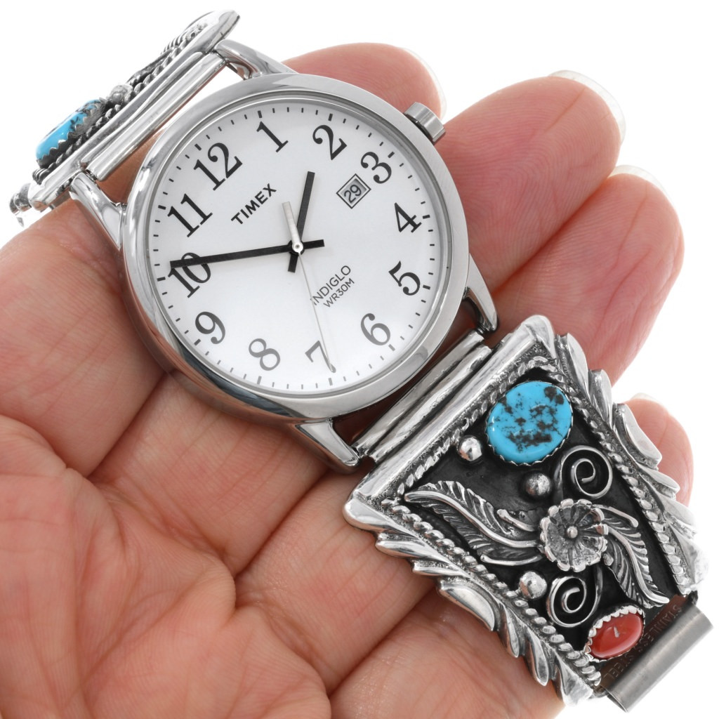 Handsome Sterling Navajo Turquoise Coral Mens Watch 28950