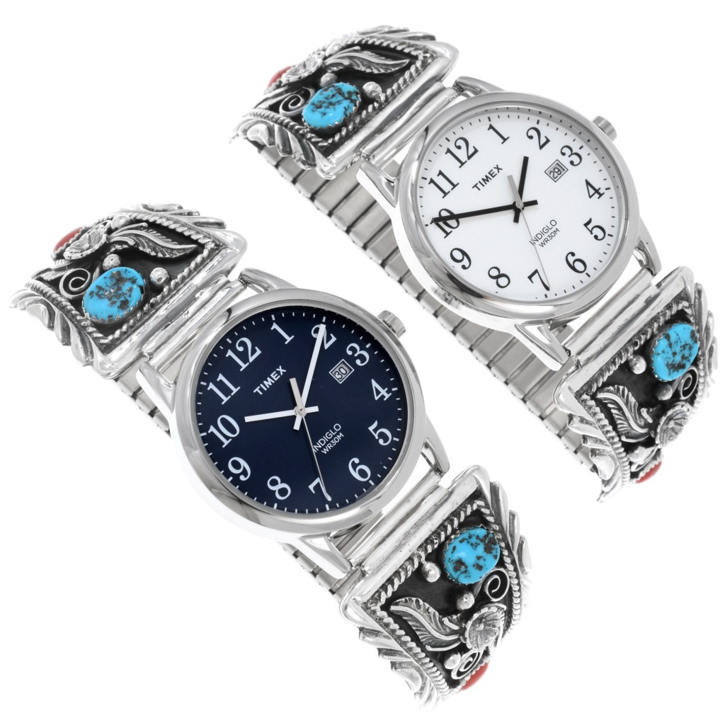 Handsome Sterling Southwest Turquoise Coral Mens Watch 28950
