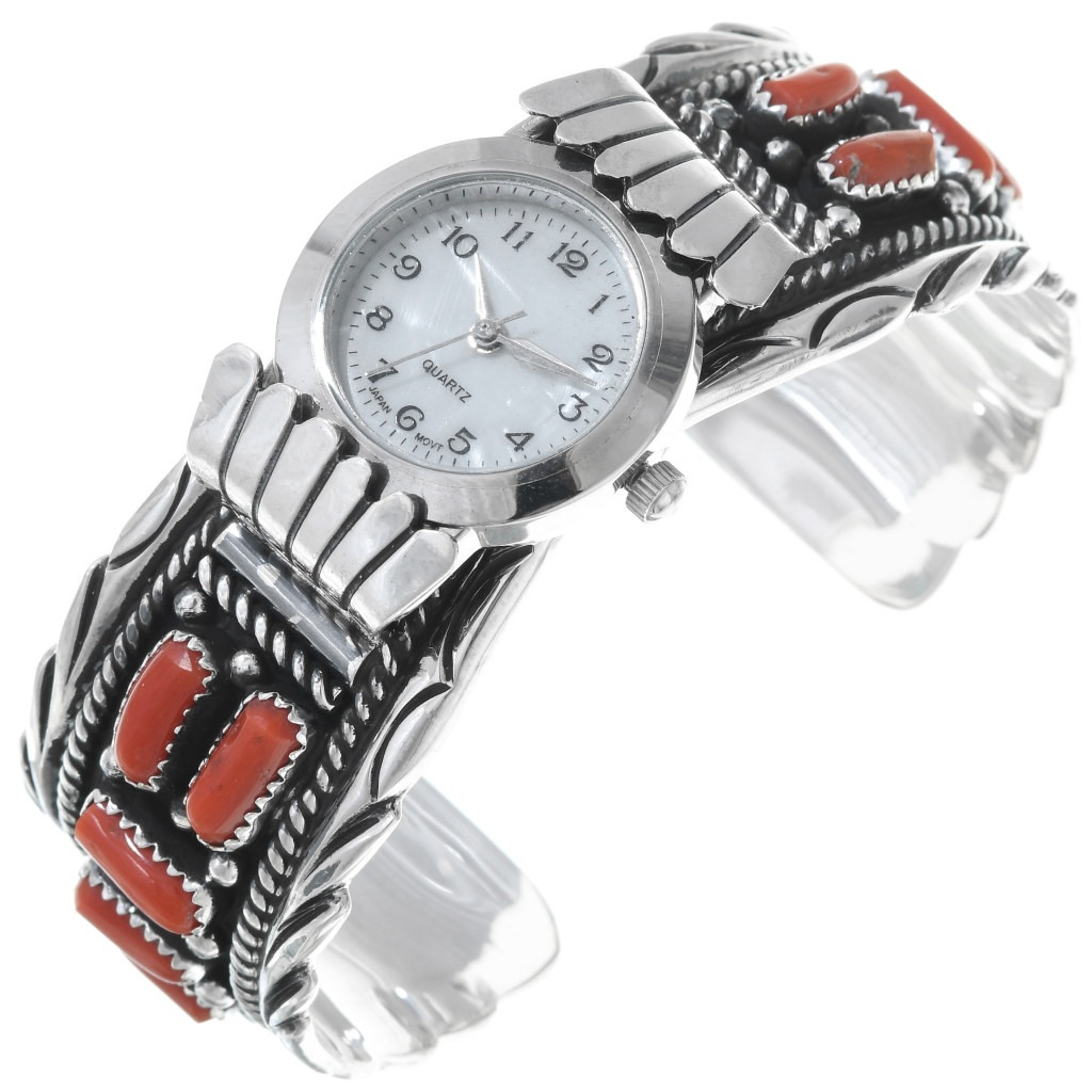 Pretty Sterling Southwest Coral Silver Ladies Watch Cuff 23071