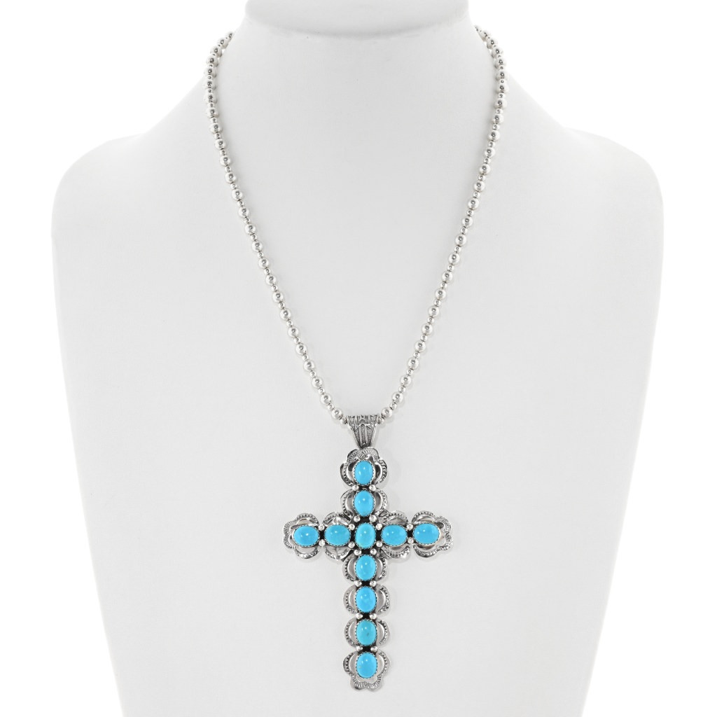 Native American Turquoise Silver Cross Pendant Bead Necklace 28593