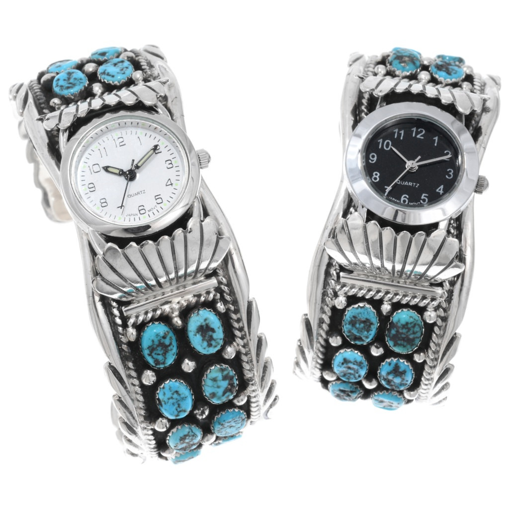 Mens Native American Turquoise Silver Watch Cuff Sterling Cluster 24527