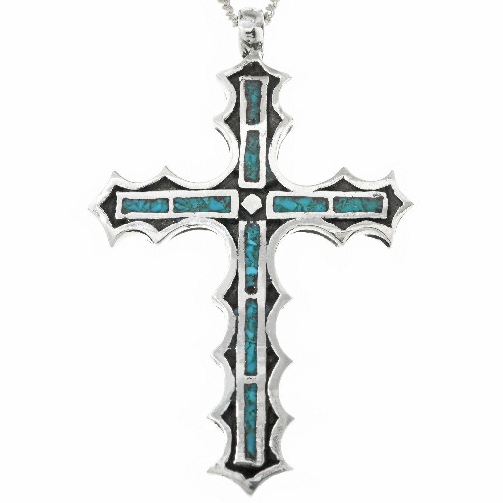 Unisex Inlaid Turquoise Navajo Cross Pendant With Chain 29947