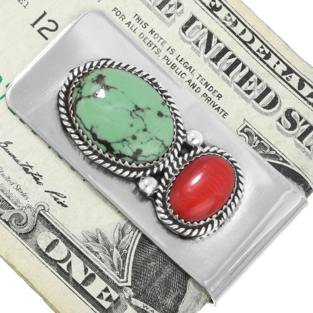 Great Unisex Gift! Navajo Turquoise Coral Silver Money Clip 32023