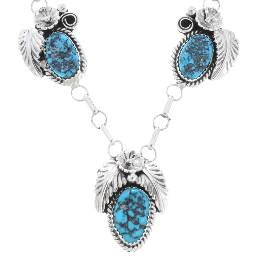 Pretty Navajo Turquoise Silver Ladies Y Necklace Three Stone Link ...