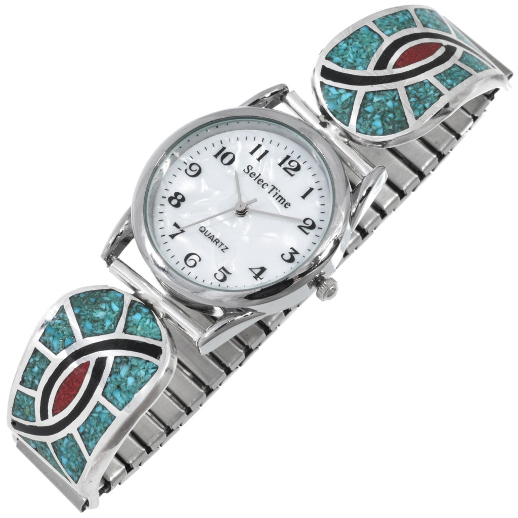 Inlaid Sterling Turquoise Coral Mens Watch 33918