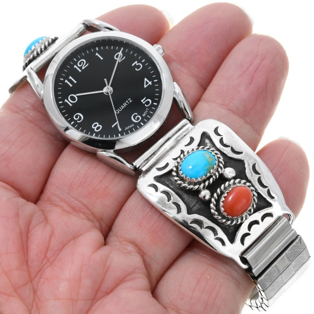 Handsome Navajo Turquoise Coral Silver Mens Watch Sterling 33992