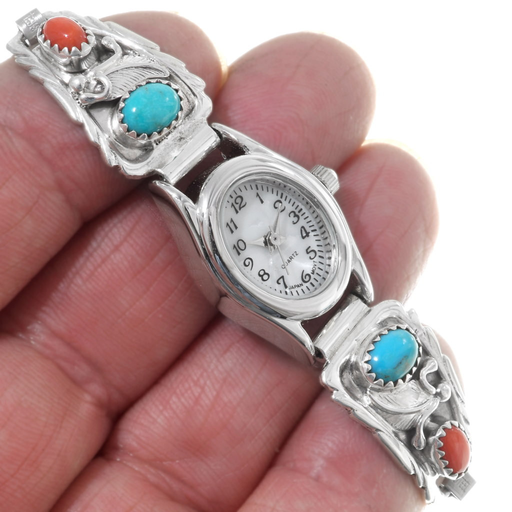 Classic Fashionable Navajo Turquoise Coral Ladies Watch 35890