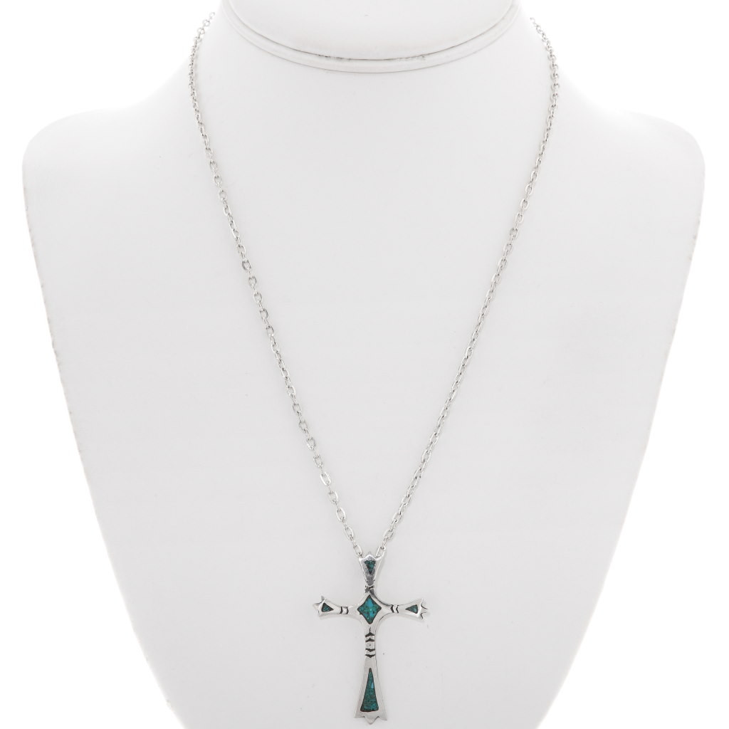 Small Navajo Turquoise Silver Cross Pendant With Chain 39197