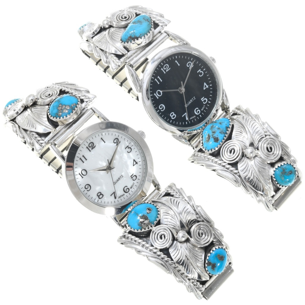 NICE Navajo Kingman Turquoise Silver Mens Watch Sterling Tips 40995
