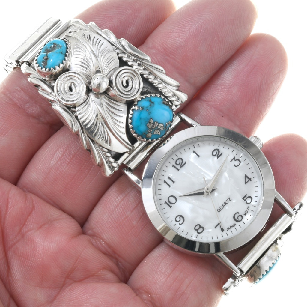 NICE Navajo Kingman Turquoise Silver Mens Watch Sterling Tips 40995