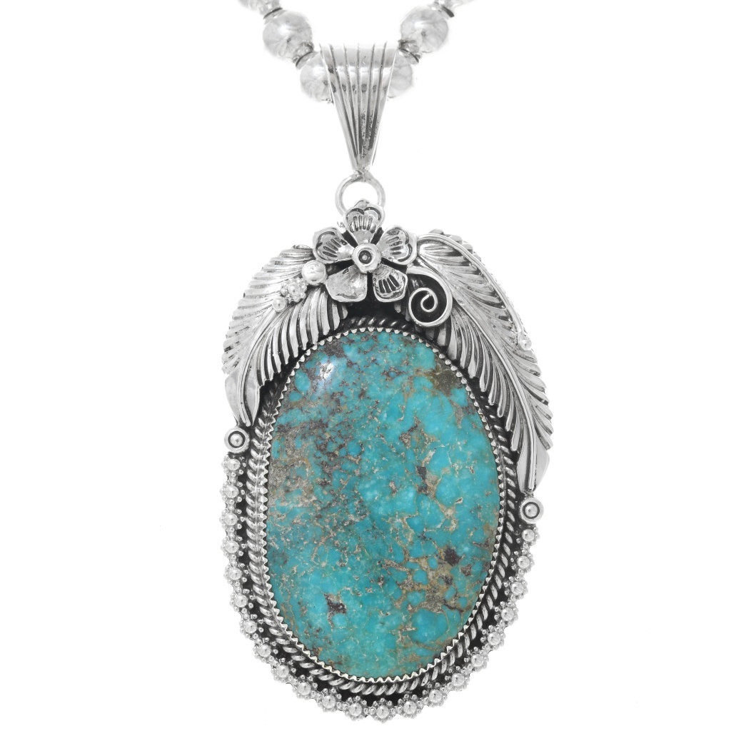 Large Nevada Turquoise Sterling Navajo Pendant Necklace 28672