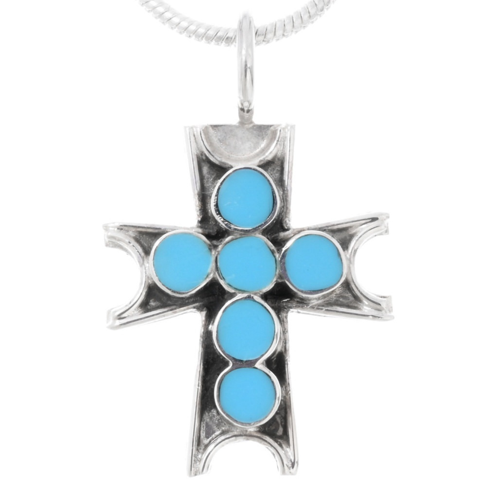 Small Zuni Turquoise Silver Inlaid Cross Pendant With Chain 41800