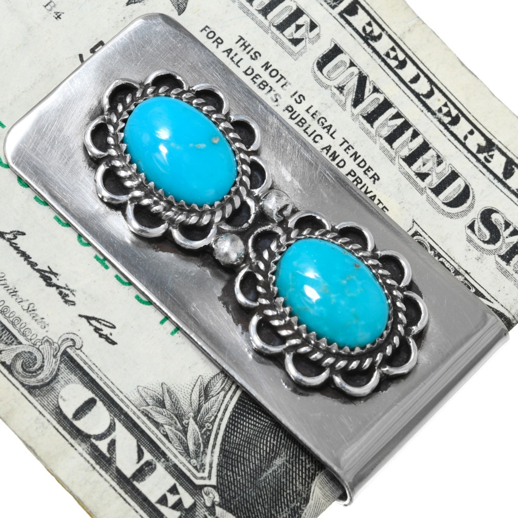 Curled Wire Design Native American Turquoise Money Clip 22269