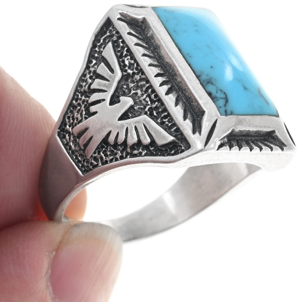 Ithaca Peak Turquoise Southwestern Sterling Silver Men's Thunderbird Ring 42533