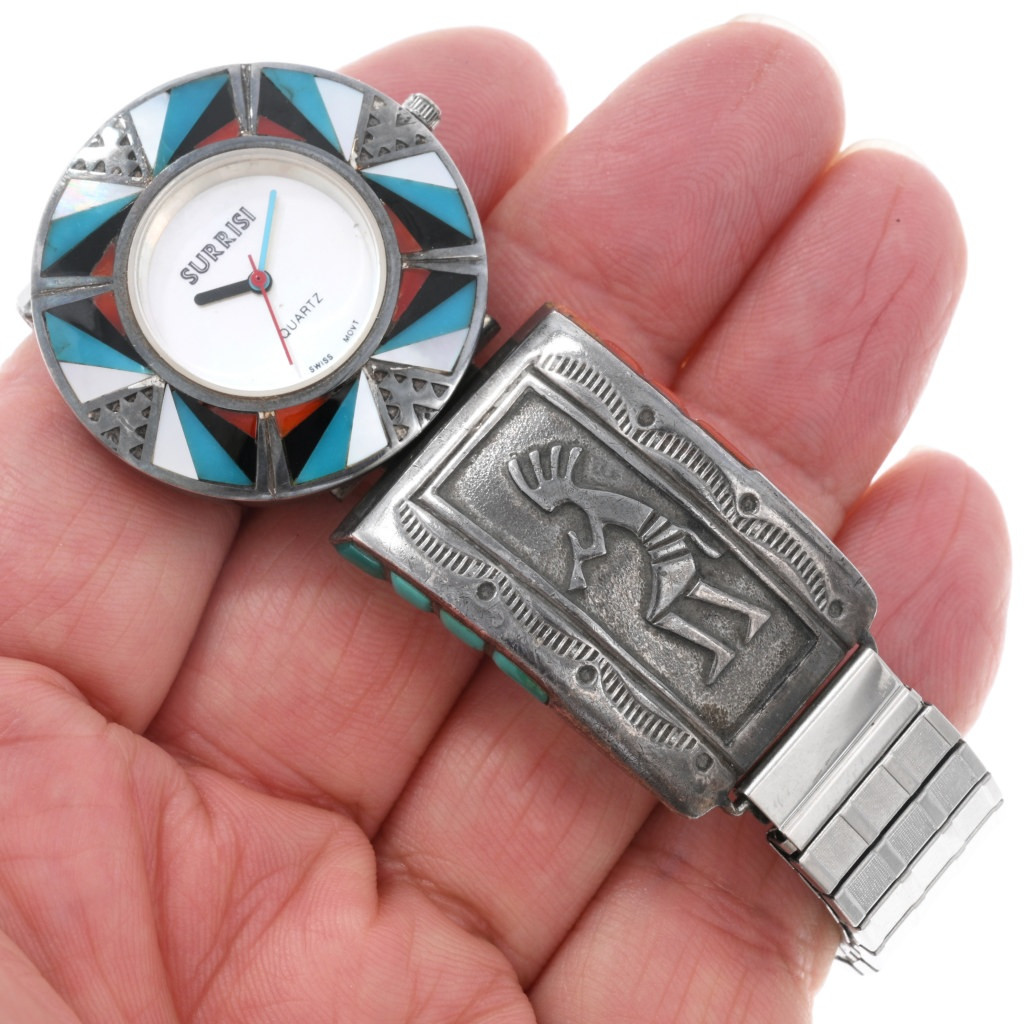 Vintage Turquoise Coral Kokopelli Watch with Navajo Custom Tips 43130