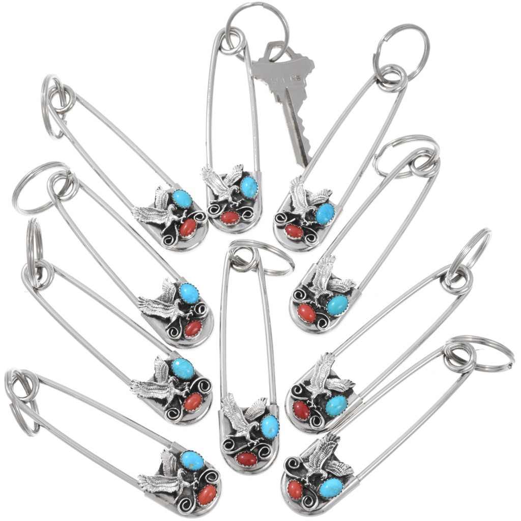 Native American Eagle Turquoise Coral Silver Key Ring Safety Pin 43718