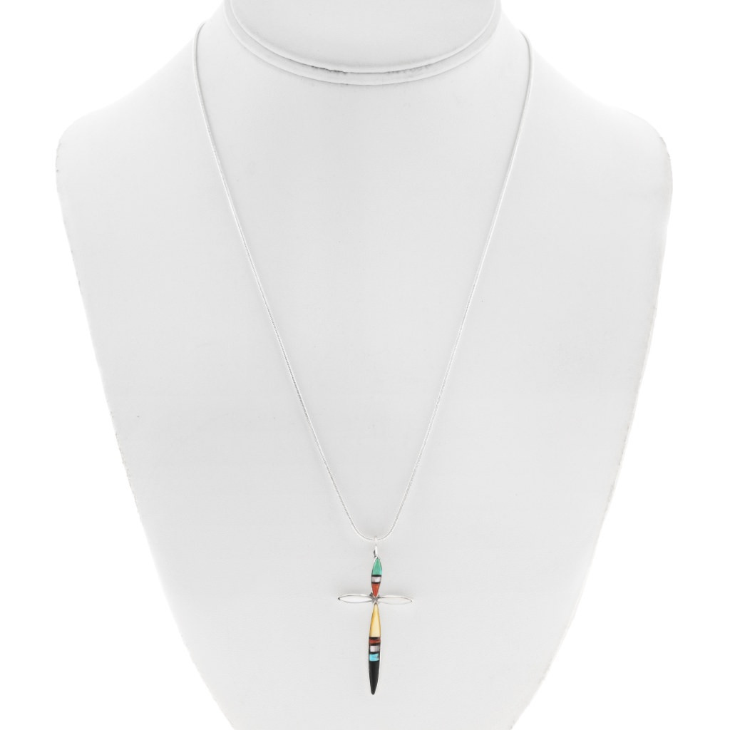 Inlaid Zuni Turquoise Shell Silver Cross Pendant With Chain 43723