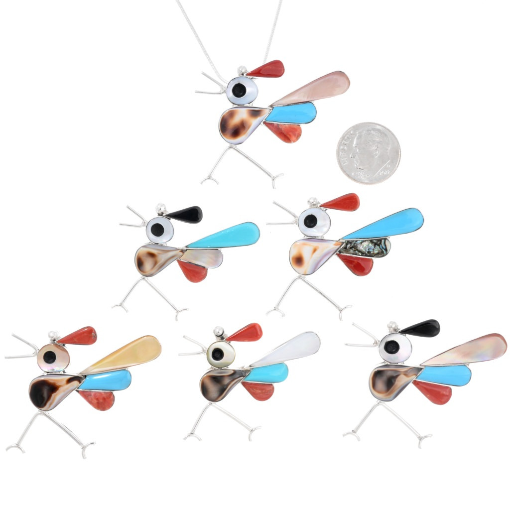 Zuni Inlaid Multistone Roadrunner Silver Pendant Pin by Kelly Edaakie 3721