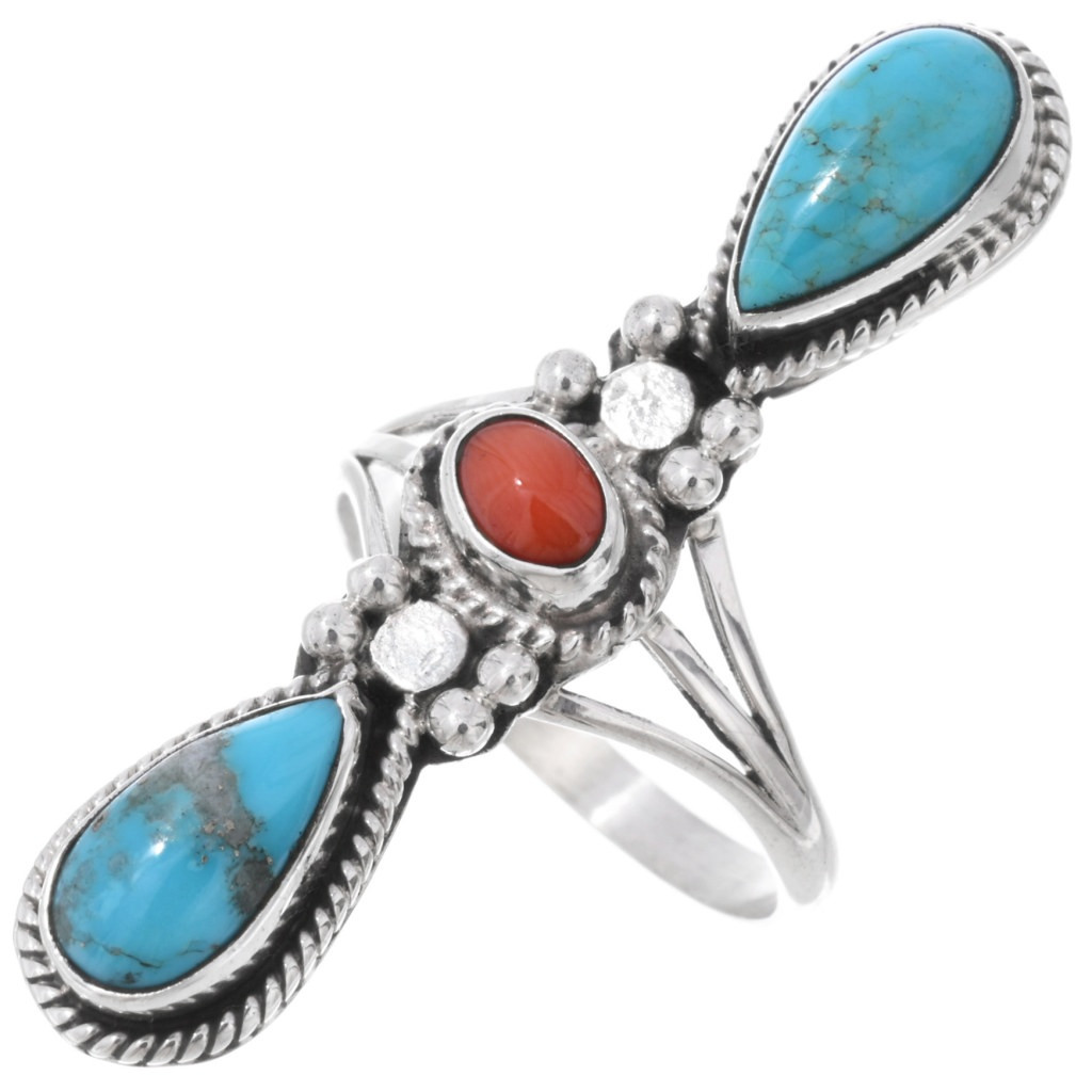 Navajo Sterling Silver Coral Turquoise Ladies Pointer Ring 43826