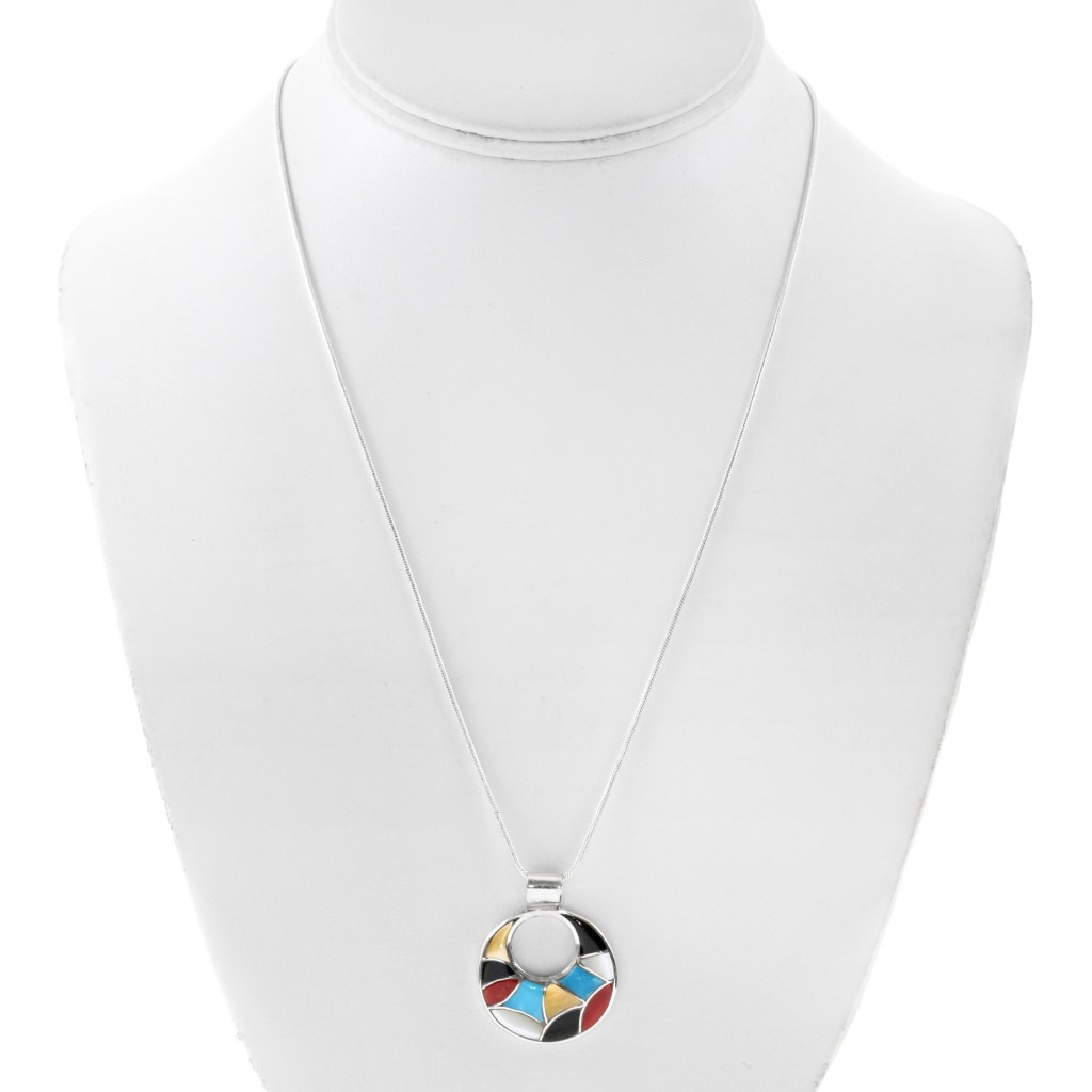 Inlaid Zuni Round Multistone Fish Scale Style Pendant by Emma Bonney 43837
