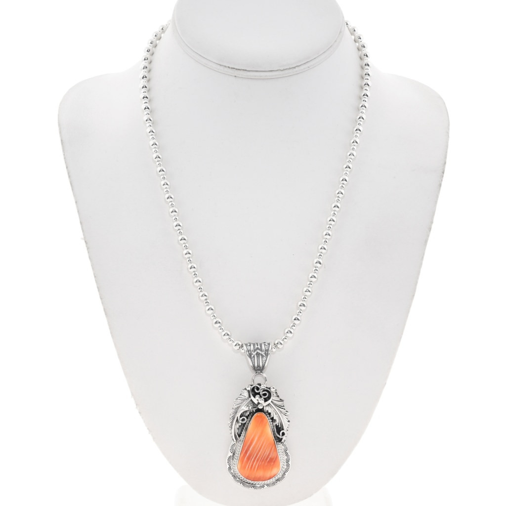 Orange Spiny Oyster Shell Silver Navajo Floral Silver Pendant 44039