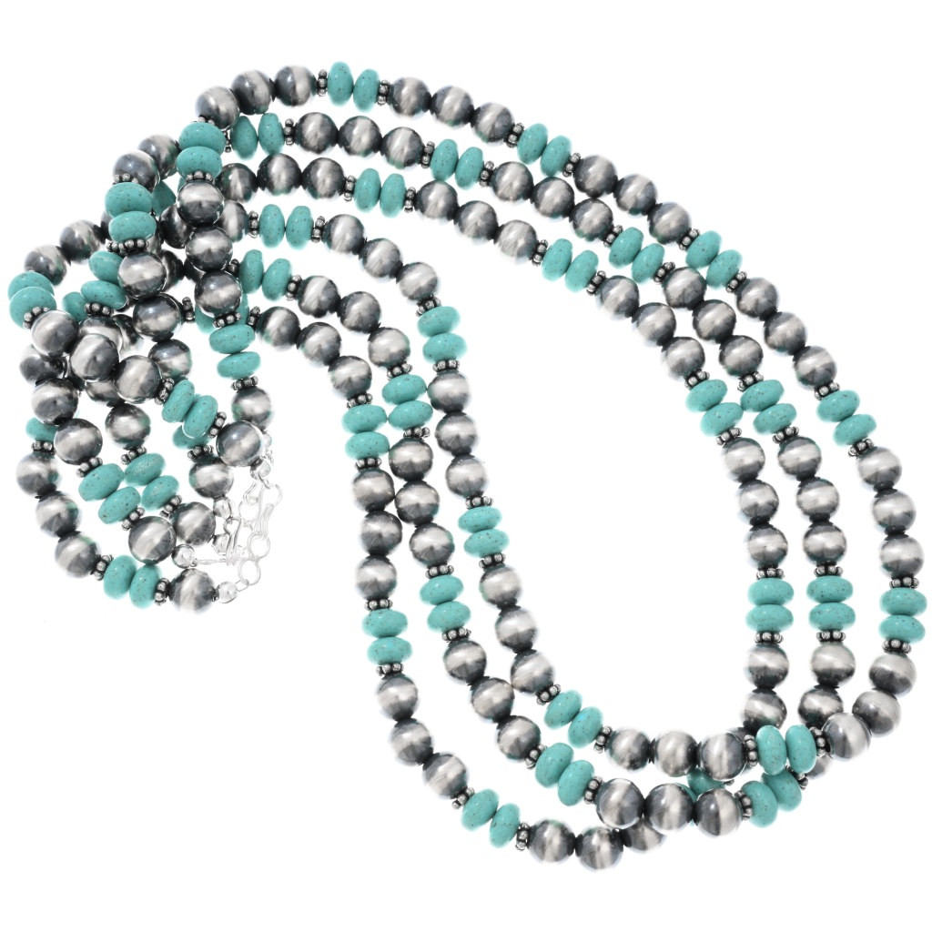 Turquoise Navajo Desert Pearls Silver Necklace by Lula Begay 44052