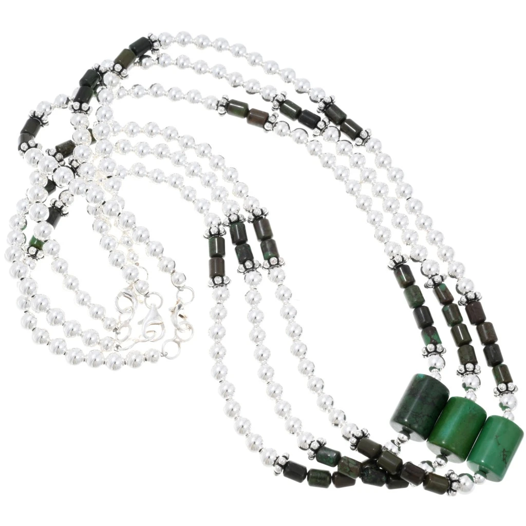 Silver Green Turquoise Navajo Beaded Necklace by Lula Begay 44189