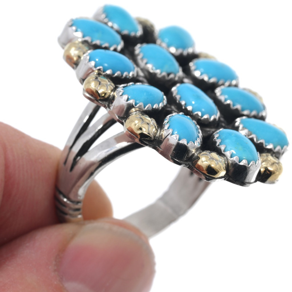 Sleeping Beauty Turquoise Gold Navajo Cluster Ring Sterling 44483