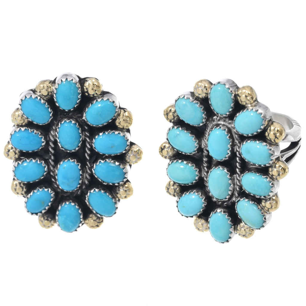 Sleeping Beauty Turquoise Gold Navajo Cluster Ring Sterling 44483