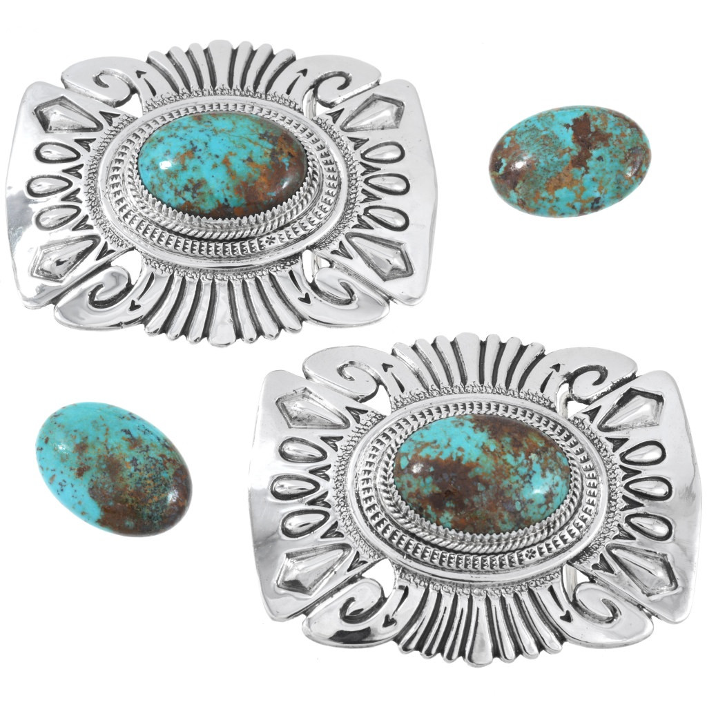 Sterling Navajo Number Eight Turquoise Chiseled Belt Buckle 44743