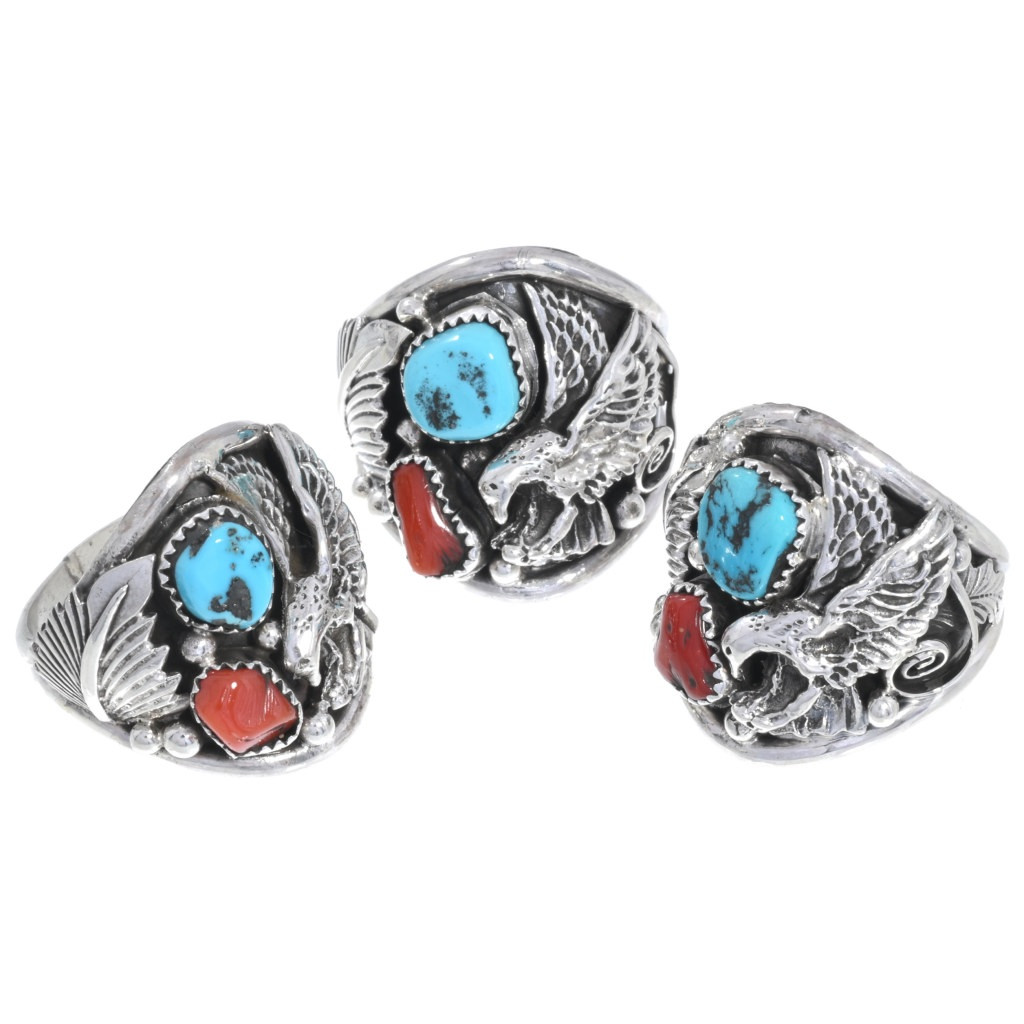 Navajo Tuequoise Coral Silver Eagle Mens Ring Sterling Big Boy 46559