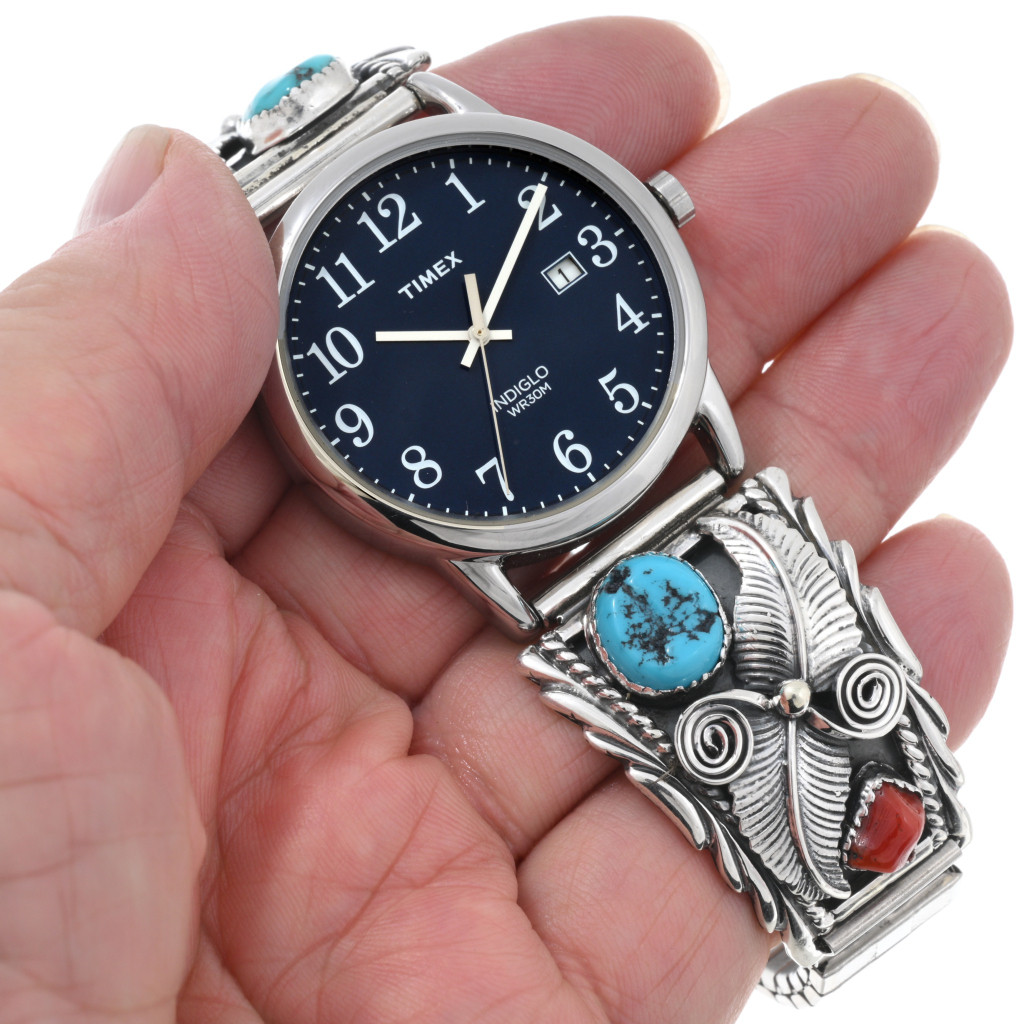 Coral Kingman Turquoise Navajo Mens Sterling Watch Tips 46973