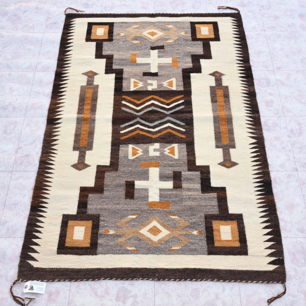Hand Carded Navajo Woven Wool Rug Storm Pattern 5.2 Feet x 3.3 Feet 46984