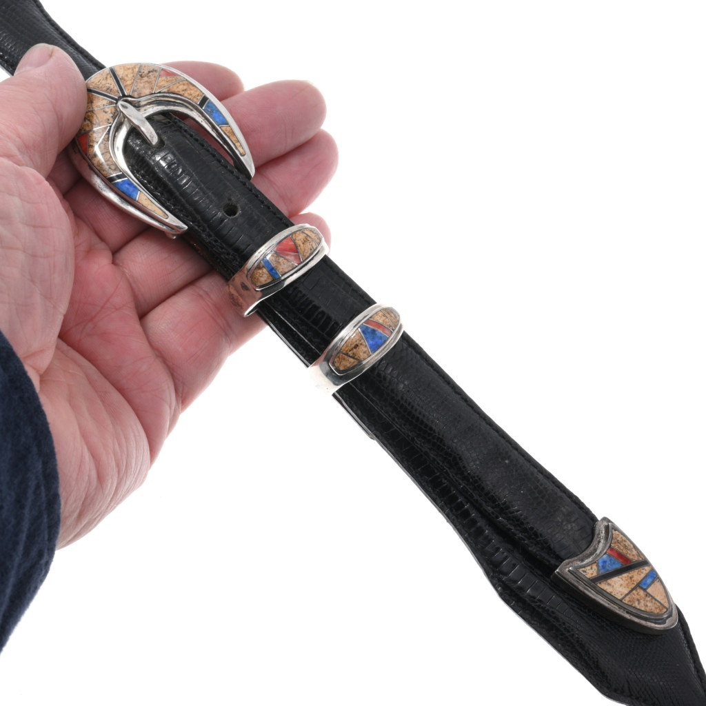 Small Zuni Vintage Jasper Lapis Silver Inlay Ranger Buckle Set Sterling ...