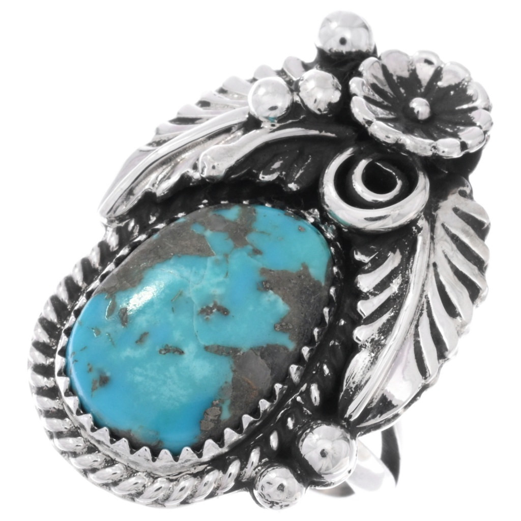 Old Kingman Turquoise Ring Ladies Sterling Silver Floral Design 48687