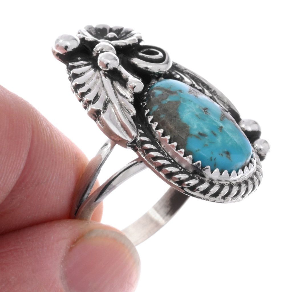 Old Kingman Turquoise Ring Ladies Sterling Silver Floral Design 48687