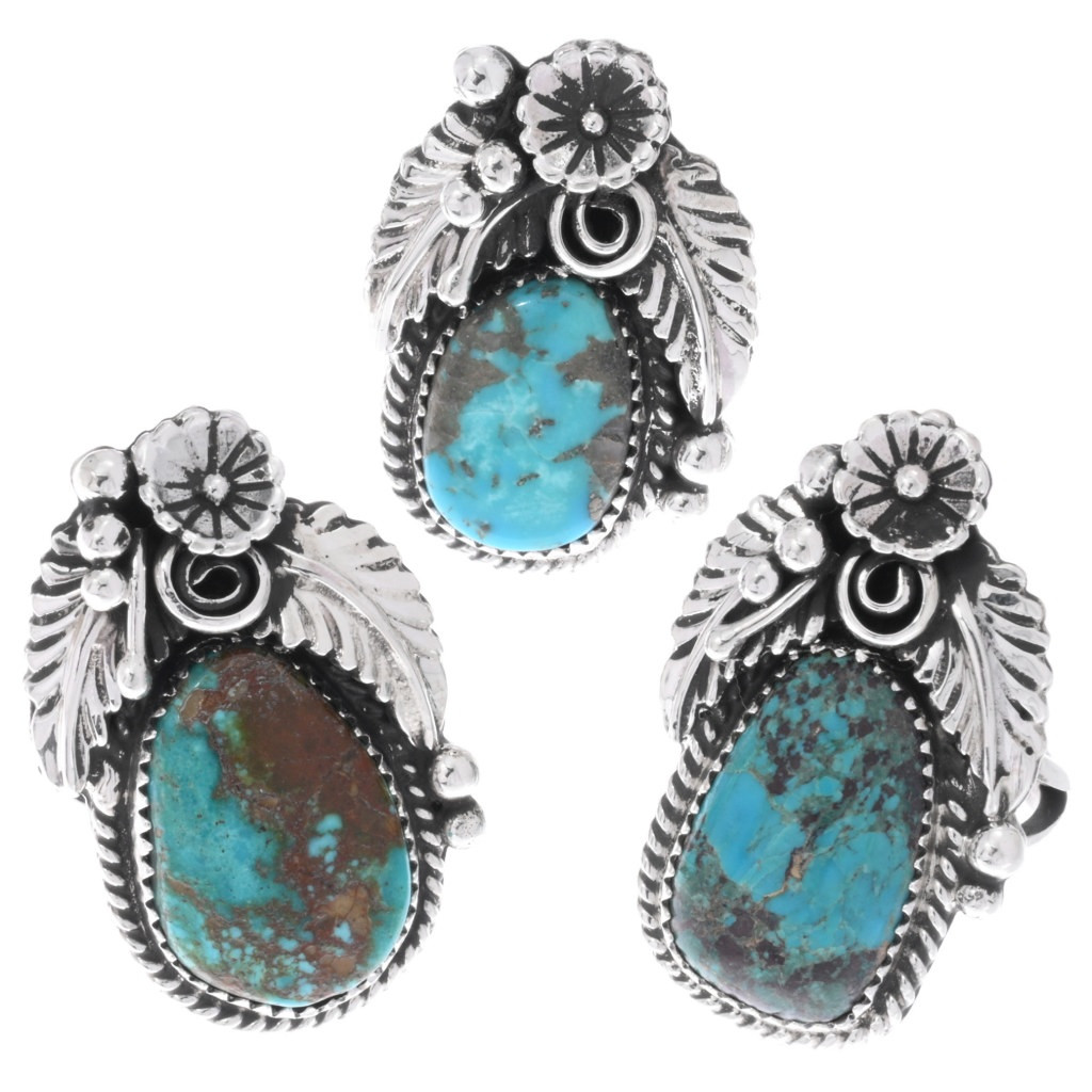 Old Kingman Turquoise Ring Ladies Sterling Silver Floral Design 48687
