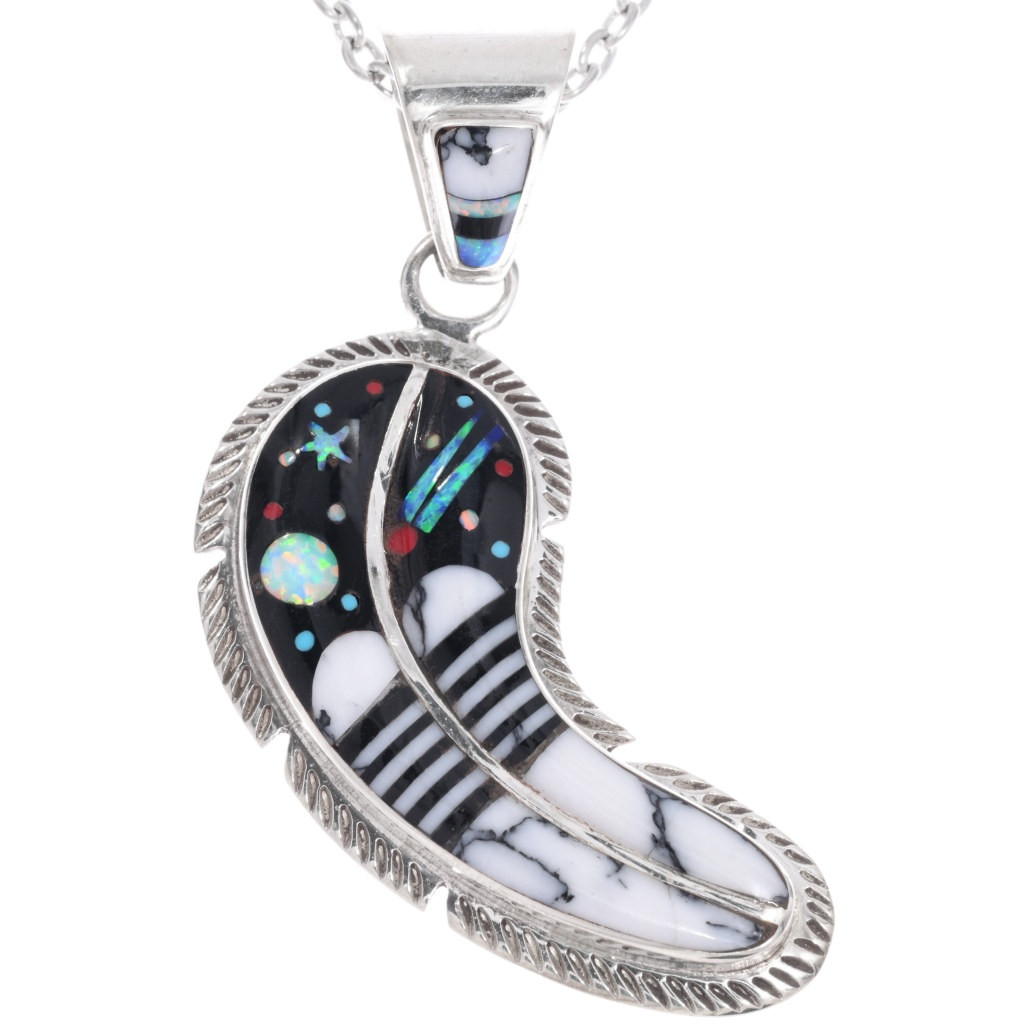 Southwest Inlay Multi Stone Feather Pendant Sterling Silver With Chain ...