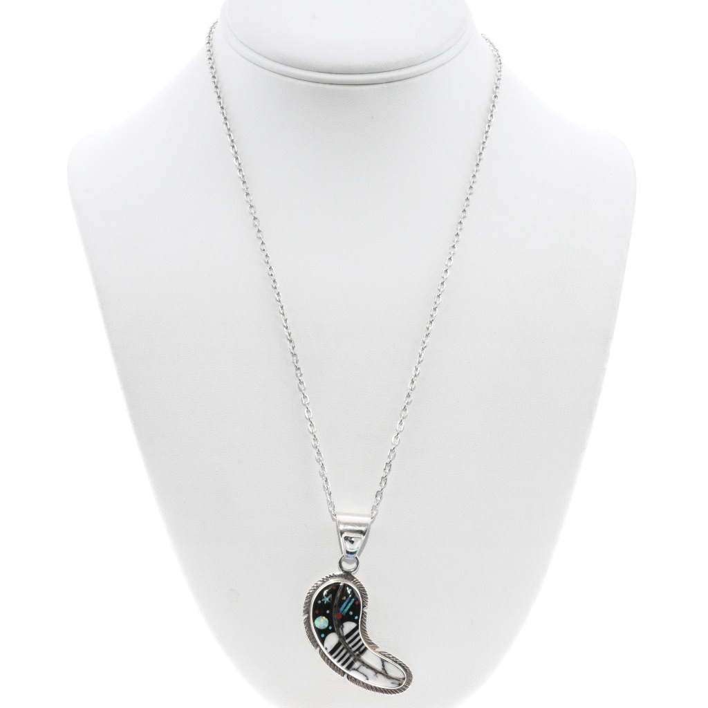 Southwest Inlay Multi Stone Feather Pendant Sterling Silver With Chain ...