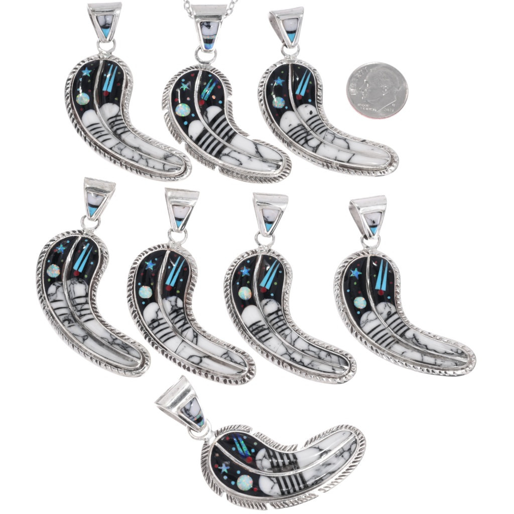 Southwest Inlay Multi Stone Feather Pendant Sterling Silver With Chain ...